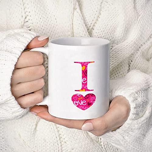 BESTORLOVE Valentine's Day Love Monogram Letter I Tea Mug Heart Initials Letter Porcelain Tea Cup 11oz Rose Red Pink Yellow Heart Cup Happy Valentine's Day Coffee Cup Gift for Wife Women Lovers