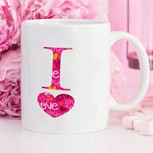 BESTORLOVE Valentine's Day Love Monogram Letter I Tea Mug Heart Initials Letter Porcelain Tea Cup 11oz Rose Red Pink Yellow Heart Cup Happy Valentine's Day Coffee Cup Gift for Wife Women Lovers