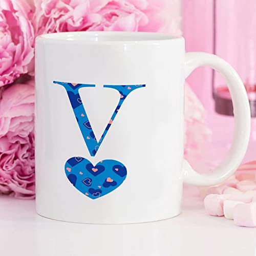 Valentine's Day Love Monogram Letter V Coffee Mug Happy Valentine's Day Coffee Cup Custom Name Porcelain Cup 11oz Love Heart Initials Letter Tea Mug Wedding Engagement Gift for Couple