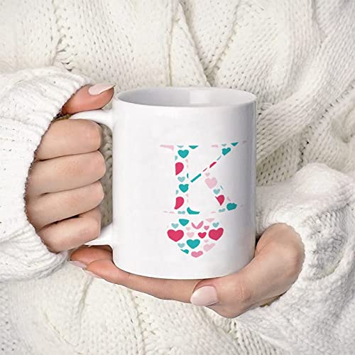 Valentine's Day Love Monogram Letter K Tea Mug Happy Valentine's Day Porcelain Coffee Cup 11oz Love Heart Initials Letter Novelty Mug Custom Name Tea Cup Gift for Wife Women Girls Lovers