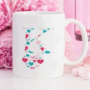 Valentine's Day Love Monogram Letter K Tea Mug Happy Valentine's Day Porcelain Coffee Cup 11oz Love Heart Initials Letter Novelty Mug Custom Name Tea Cup Gift for Wife Women Girls Lovers