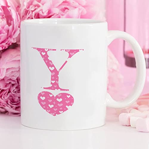 Valentine's Day Love Monogram Letter Y Coffee Mug White Pink Heart Porcelain Coffee Cup 11oz Happy Valentine's Day Cup Love Heart Initials Letter Tea Cup Anniversary Wedding Gift for Couple