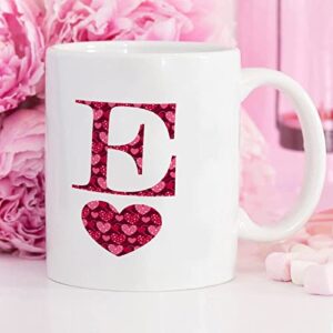 Valentine's Day Love Monogram Letter E Tea Mug Rose Red Pink Heart Polka Dots Cup 11oz Happy Valentine's Day White Porcelain Coffee Cup Custom Name Mug Anniversary Wedding Gift for Couple