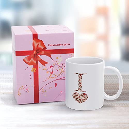 Valentine's Day Love Monogram Letter I Coffee Cup Custom Name Coffee Mug 11oz Happy Valentine's Day Porcelain Cup Love Heart Initials Letter Tea Mug Anniversary Wedding Gift for Couple