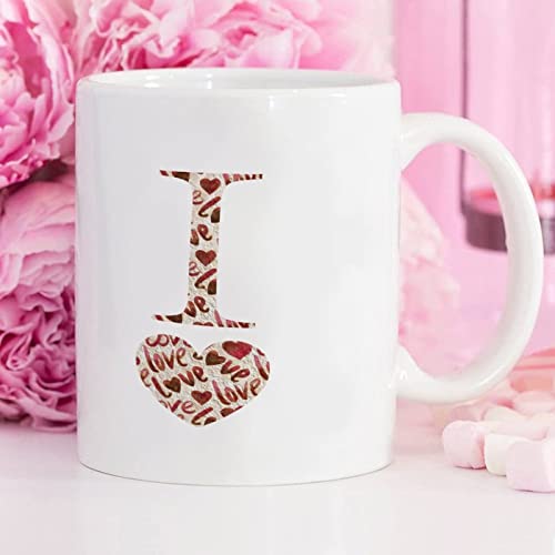 Valentine's Day Love Monogram Letter I Coffee Cup Custom Name Coffee Mug 11oz Happy Valentine's Day Porcelain Cup Love Heart Initials Letter Tea Mug Anniversary Wedding Gift for Couple