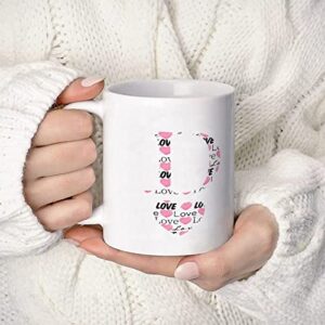 valentine’s day love monogram letter d tea mug custom name tea cup pink heart black love unique white porcelain mug 11oz happy valentine’s day coffee mug gift for wife women girls lovers