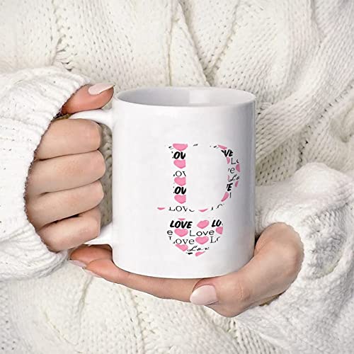 Valentine's Day Love Monogram Letter D Tea Mug Custom Name Tea Cup Pink Heart Black Love Unique White Porcelain Mug 11oz Happy Valentine's Day Coffee Mug Gift for Wife Women Girls Lovers