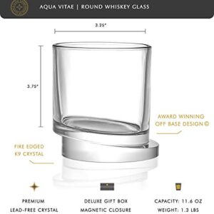 JoyJolt Aqua Vitae Whiskey Glass Set of 2. Round Whiskey Glasses with Off Set Base. Old Fashioned Rocks Glasses for Scotch and Bourbon. Unique Whiskey Tumbler Gifts for Men