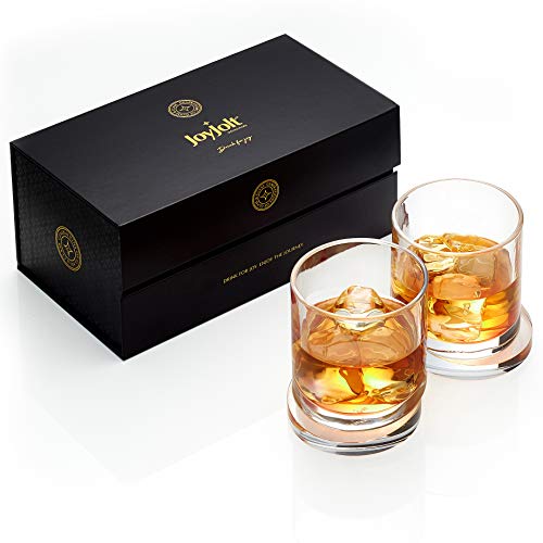 JoyJolt Aqua Vitae Whiskey Glass Set of 2. Round Whiskey Glasses with Off Set Base. Old Fashioned Rocks Glasses for Scotch and Bourbon. Unique Whiskey Tumbler Gifts for Men