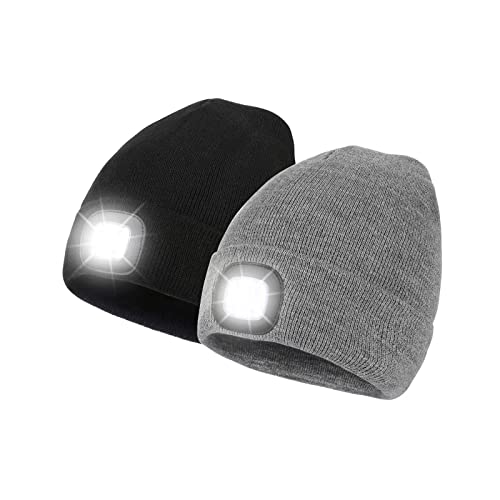 Lutoris 2 Pack Men Headlight Unisex Beanie,USB Rechargeable Adjustable Brightness Head LED Hat Light,for Camping,Fishing etc,Christmas Gifts for Men Him Father Husband Stocking Stuffers(Black & Gray)