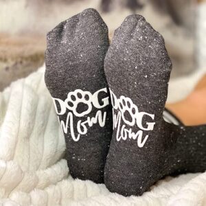 Boutique Dog Mom Crew Socks for Women - Soft Fuzzy No Slip Grip Soles - Fun Novelty Wife, Grandma, or Girl Birthday Gift or Christmas Present Stocking Stuffer - Sock Gifts for Best Friend - Charcoal