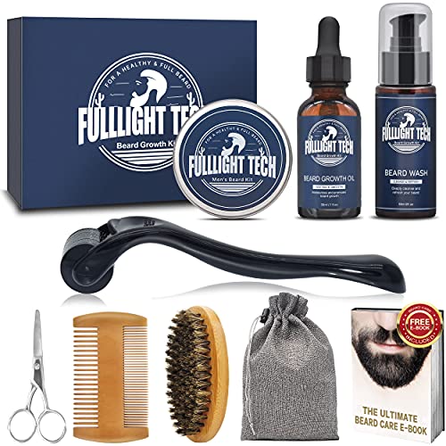 Beard Growth Kit,Beard Grooming Kit,Beard Kit W/Beard Roller,Beard Growth Oil,Beard Wash, Beard Balm,Comb,Brush,Shaving Scissors,Bag,E-book,Stocking Stuffers Birthday Gifts for Fathers Dad Men Him