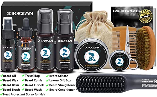 Beard Straightener Kit,Beard Growth Grooming Kit w/Beard Straightener,Heat Protectant Spray,Beard Wash Shampoo,Conditioner,Oil,Balm,Wax,Comb,Brush,Scissor,Bag,E-Book,Gifts for Men Him Dad