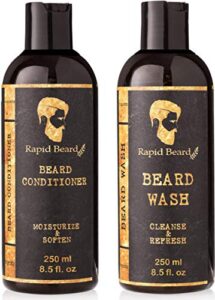 beard shampoo and beard conditioner wash & growth kit for men care – softener & moisturizer for hydrating, cleansing and refreshing beard and mustache facial hair gift set (250ml / 8.5 fl oz)