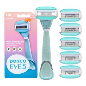 dorco eve 5 razors for women for extra smooth shaving (1 razor handle, 6 pcs razor blade refills), 5 curved blades with flexible moisture bar, womens razors for shaving with aloe vera moisture bar, interchangeable cartridge for sensitive skin, stocking st