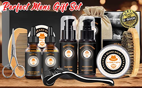 Upgraded Beard Grooming Kit w/Beard Conditioner,Beard Oil,Beard Balm,Beard Brush,Beard Shampoo/Wash,Beard Comb,Beard Scissors,Storage Bag,Beard E-Book,Beard Growth Care Gifts for Men