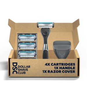 dollar shave club | 4-blade travel shaving kit | diamond grip club razor handle, 4-blade club razor cartridges, and razor cover, easy to grip handle, shaving starter set, razor kit, great for travel