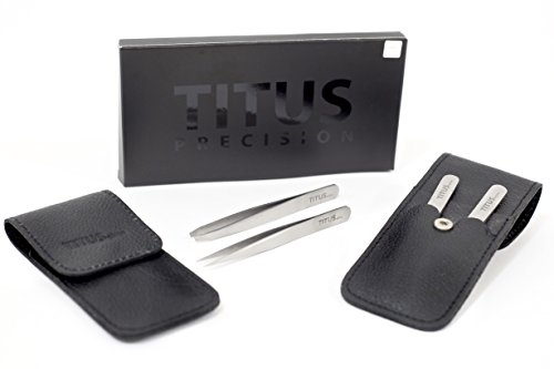 Titus Elite - Luxury Twin Pack - Premium Grade Slant Tip & Splinter Tip Tweezers with Leather Case - Grooming Gift Set for Teens and Adults - Useful Stocking Stuffers Gifts for Men and Women