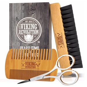 viking revolution beard comb & beard brush set for men – natural boar bristle brush and dual action pear wood comb w/velvet travel pouch – great for grooming beards and mustaches