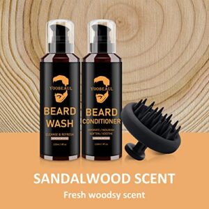 Beard Wash & Conditioner & Silicone Brush Professional Set w/Argan & Jojoba Oils - Softens & Strengthens, Shine, Reduce Beard Itchy, Dandruff & Frizz - Beard Shampoo w/Beard Oil 2 x 4 Fl Oz 120ML