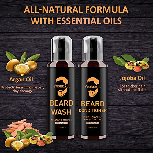 Beard Wash & Conditioner & Silicone Brush Professional Set w/Argan & Jojoba Oils - Softens & Strengthens, Shine, Reduce Beard Itchy, Dandruff & Frizz - Beard Shampoo w/Beard Oil 2 x 4 Fl Oz 120ML