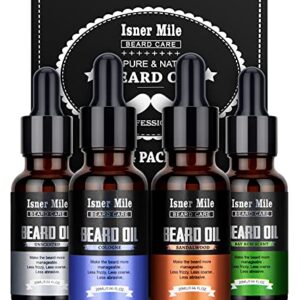 ISNER MILE Beard Oil 4 Pack, Stocking Stuffers Gifts for Him Dad Boyfriend, Mustaches Soften, Moisturize, Strength and Growth with Sandalwood, Bay Rum, Cologne, Unscented, Beard Maintenance Treatment