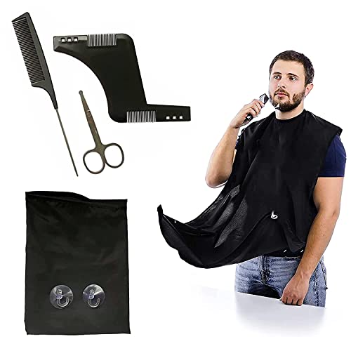 MAJAZ Beard Shaving Package, Beard Bib with Beard Shaper, Comb & Nose Scissors, Beard Trimming Apron & Catcher, Grooming Kit with Beard Shaping Tool, Suction Cups to Attach the Cape on the Mirror