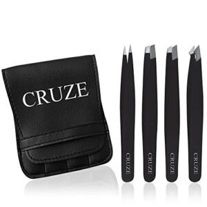 cruze tweezers set (4-piece) – precision tweezers for facial hair women and men – eyebrow tweezers slanted and pointed tip for ingrown hair.