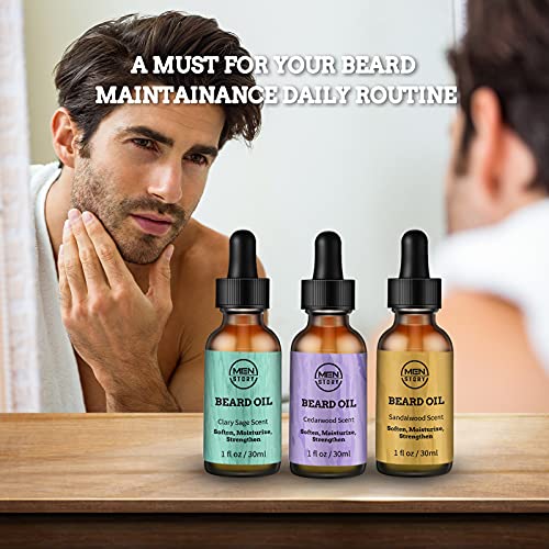 MENSTORY Beard Growth Oil 3 Scent Pack, Cedarwood, Sandalwood, and Sage, Moisturizing, Softening, Beards & Mustaches Facial Hair Growth oil for Men, Beard Gifts for Man Dad Father Boyfriend (3 fl oz total)