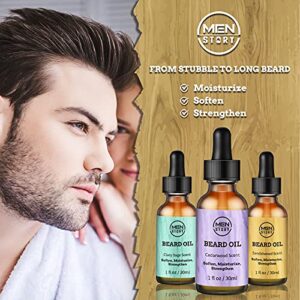 MENSTORY Beard Growth Oil 3 Scent Pack, Cedarwood, Sandalwood, and Sage, Moisturizing, Softening, Beards & Mustaches Facial Hair Growth oil for Men, Beard Gifts for Man Dad Father Boyfriend (3 fl oz total)