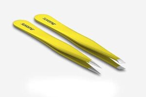 suvorna 4″ precision aligned professional tweezers color sets with premium stainless steel. one sharp pointed pair and one slant tip pair for eyebrow shaping. great for ingrown hair. (yellow)