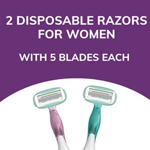 BIC Soleil Sensitive Advanced Women's Disposable Razors With 360° Moisture Strips For Enhanced Glide, Shaving Razors With 5 Blades, 2 Count