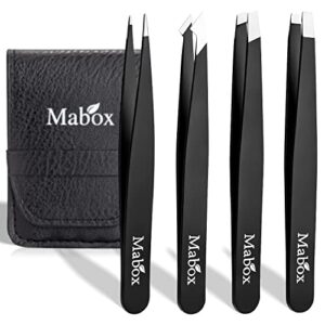 mabox professional tweezer set with case – 4 pieces slanted and pointed stainless steel tweezer set, precision slant tweezers for eyebrows, facial hair, ingrown hair, splinter and blackhead (black)