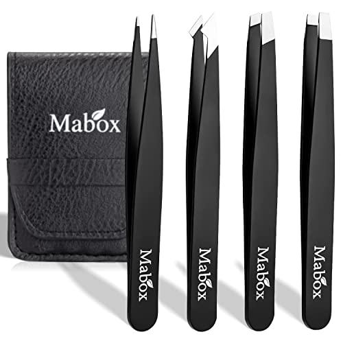 Mabox Professional Tweezer Set with Case - 4 Pieces Slanted and Pointed Stainless Steel Tweezer Set, Precision Slant Tweezers for Eyebrows, Facial Hair, Ingrown Hair, Splinter and Blackhead (Black)