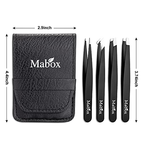 Mabox Professional Tweezer Set with Case - 4 Pieces Slanted and Pointed Stainless Steel Tweezer Set, Precision Slant Tweezers for Eyebrows, Facial Hair, Ingrown Hair, Splinter and Blackhead (Black)