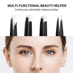 Eyebrow Tweezers Set Best Precision Tweezers 4-Piece Professional Stainless Steel Tweezer For Facial Hair Removal & Ingrown Hairs, Splinter & Blackhead Acne Remover Daily Beauty Tool - EMEOW (Black)