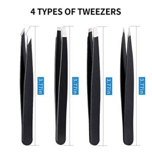 Eyebrow Tweezers Set Best Precision Tweezers 4-Piece Professional Stainless Steel Tweezer For Facial Hair Removal & Ingrown Hairs, Splinter & Blackhead Acne Remover Daily Beauty Tool - EMEOW (Black)