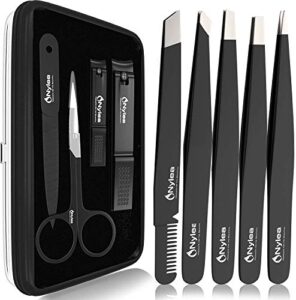 nylea professional tweezers set and nail clippers for men and women [perfect alignment / grip] best precision stainless steel kit for ingrown hair eyebrows facial hair splinter and eyelashes 9pcs