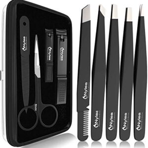 Nylea Professional Tweezers Set and Nail Clippers for Men and Women [Perfect Alignment / Grip] Best Precision Stainless Steel Kit for Ingrown Hair Eyebrows Facial Hair Splinter and Eyelashes 9pcs