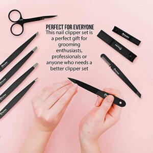 Nylea Professional Tweezers Set and Nail Clippers for Men and Women [Perfect Alignment / Grip] Best Precision Stainless Steel Kit for Ingrown Hair Eyebrows Facial Hair Splinter and Eyelashes 9pcs