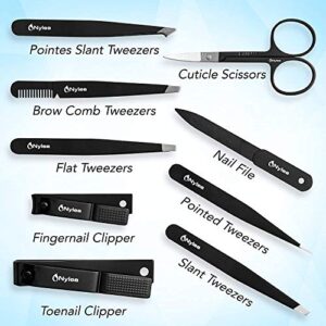 Nylea Professional Tweezers Set and Nail Clippers for Men and Women [Perfect Alignment / Grip] Best Precision Stainless Steel Kit for Ingrown Hair Eyebrows Facial Hair Splinter and Eyelashes 9pcs