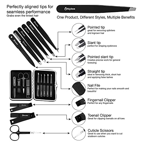 Nylea Professional Tweezers Set and Nail Clippers for Men and Women [Perfect Alignment / Grip] Best Precision Stainless Steel Kit for Ingrown Hair Eyebrows Facial Hair Splinter and Eyelashes 9pcs