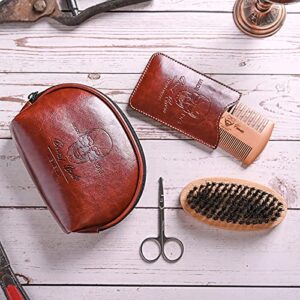 Menesia Beard Brush and Comb set, Boar Bristle Hair Beard Brush Kit with Small Leather Travel Toiletry Bag Case for Men, include Men's Wooden Mustache Comb & Nose Hair Scissors