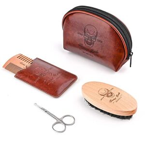 Menesia Beard Brush and Comb set, Boar Bristle Hair Beard Brush Kit with Small Leather Travel Toiletry Bag Case for Men, include Men's Wooden Mustache Comb & Nose Hair Scissors