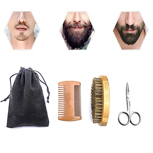 Beard Kit Brush Comb Scissors with Storage Bag Natural Boar Bristle Brush and Dual Action Pear Wood Comb Stocking Stuffers Gift set