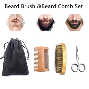 Beard Kit Brush Comb Scissors with Storage Bag Natural Boar Bristle Brush and Dual Action Pear Wood Comb Stocking Stuffers Gift set