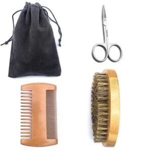 Beard Kit Brush Comb Scissors with Storage Bag Natural Boar Bristle Brush and Dual Action Pear Wood Comb Stocking Stuffers Gift set