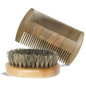 beard brush kit boar bristle brush and sandalwood comb with storage bag for men, fine & coarse teeth dual brush for mustache anti-static