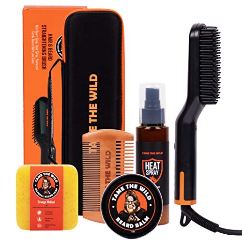 Tame the Wild Premium Beard Straightener Kit - Heated Beard Brush for Men - Beard Grooming Kit Includes Heat Protectant, Beard Soap, Beard Balm, Wooden Comb, & Storage Case - Gift Set