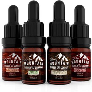 beard oil sample size pack – 4 unique beard oil varieties (0.17 oz each) – cedarwood, sandalwood, bamboo & unscented – contains essential oils